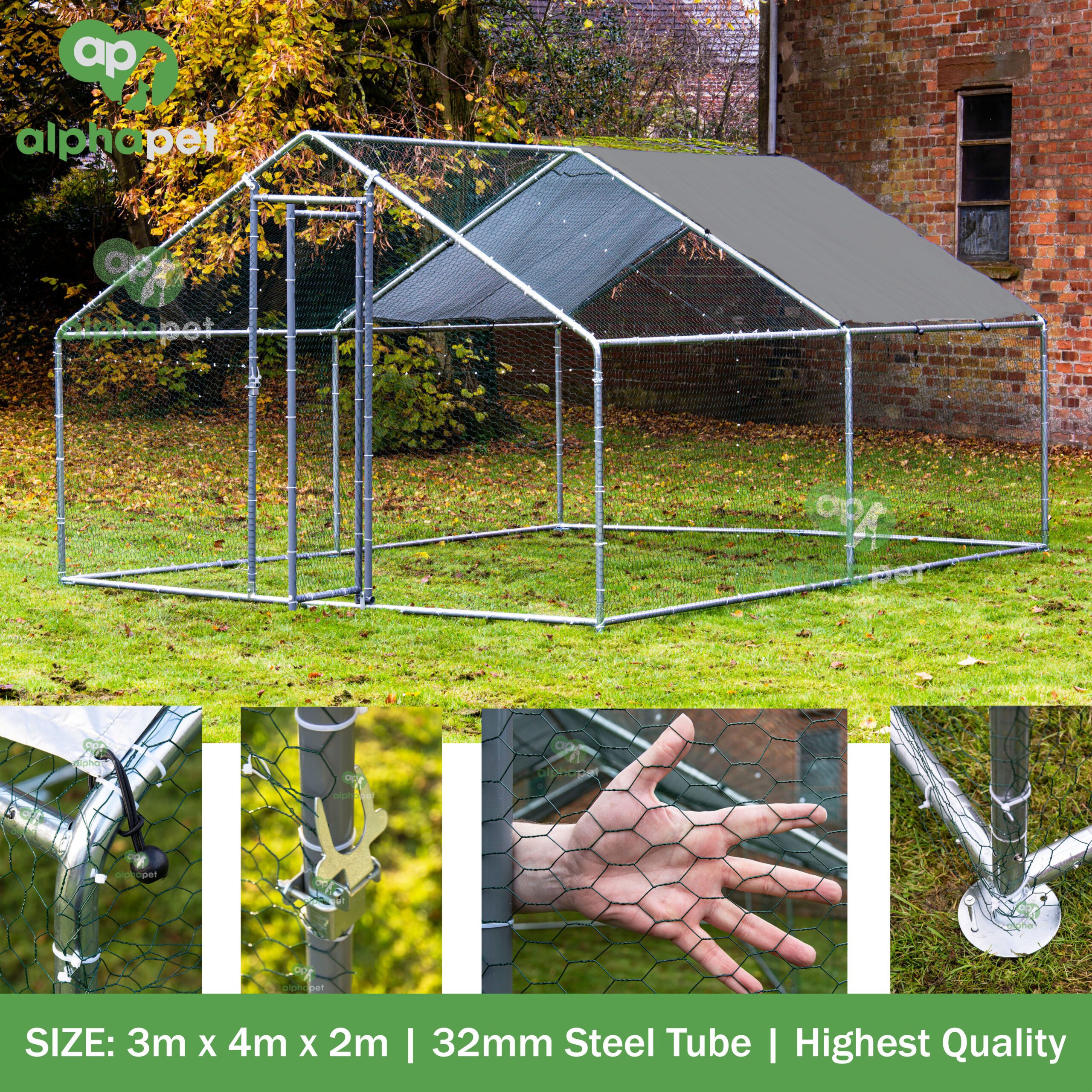 Alphapet® 3m x 4m (32mm) Heavy Duty Walk In Galvanised Steel Chicken ...