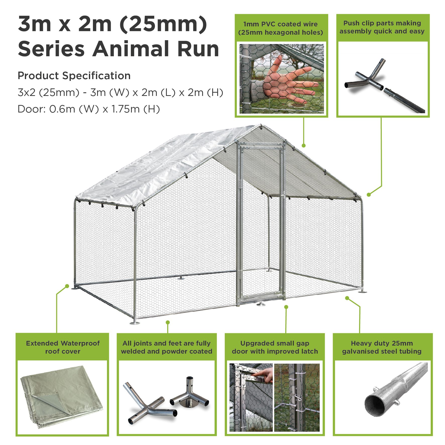 Alphapet® 3m x 2m (25mm) Walk In Galvanised Steel Chicken Run Coop ...