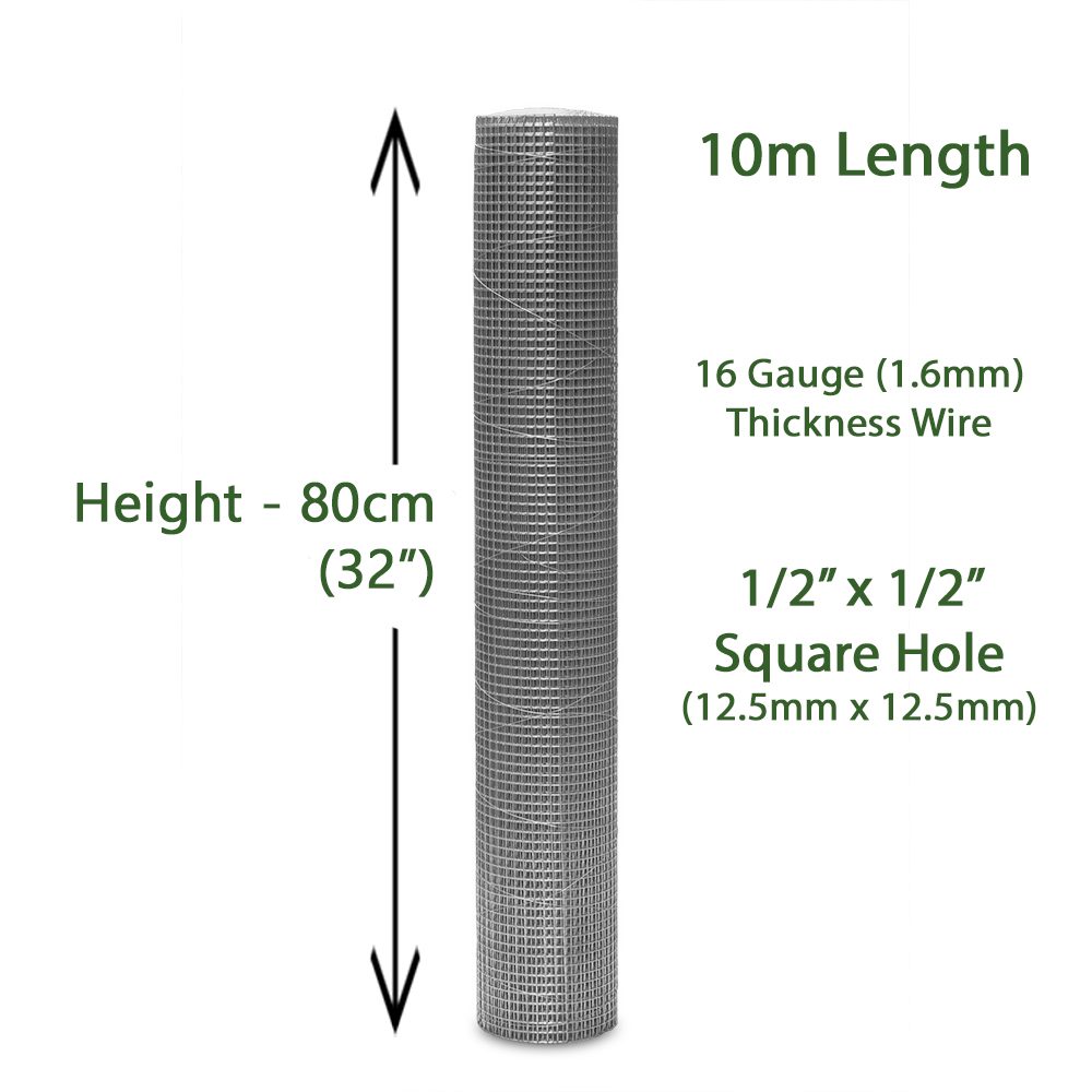 16 Gauge - 10m (80cm Wide) - 1/2" x 1/2" Hole Galvanised Welded Wire ...